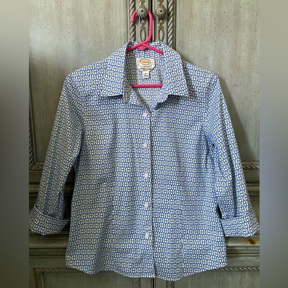 Talbots | Tops | 96 Cotton4 Lastol Blouse Wwhite Background Blue Green ...